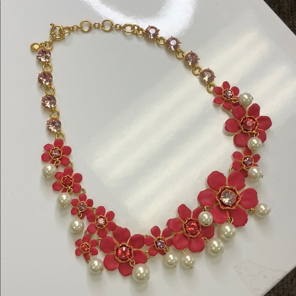 J. Crew | Jewelry | J Crew Coral Crystal Floral Necklace W Pearls ...